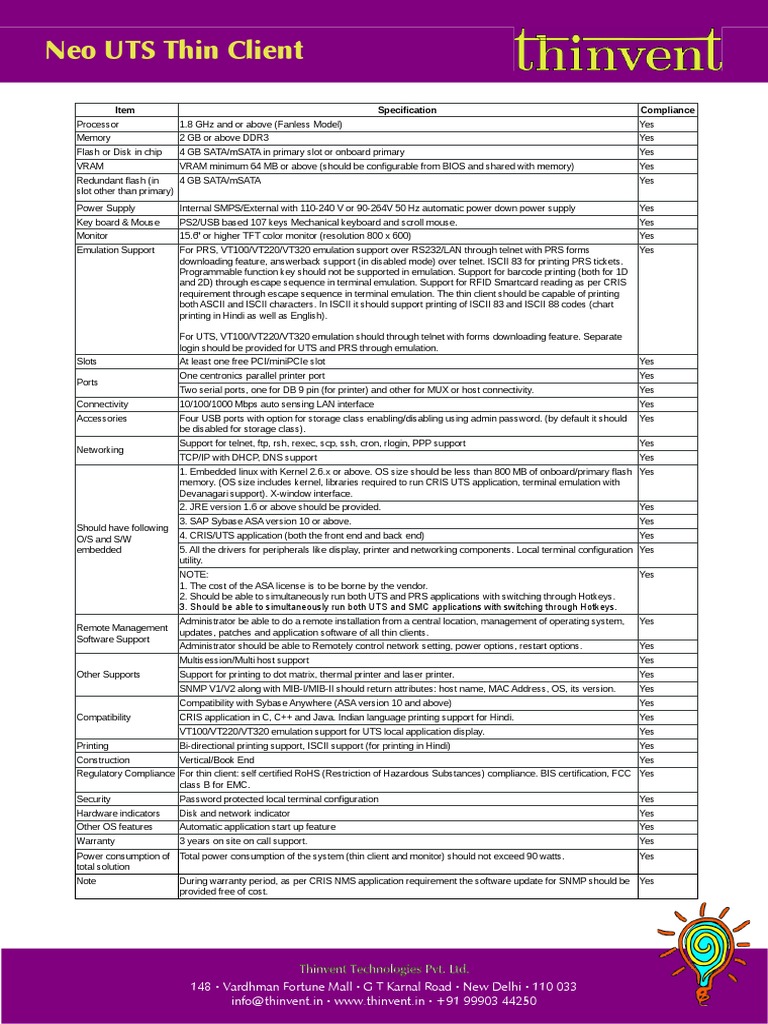 Thinvent UTS Thin Client Compliance | PDF | Operating System | System ...