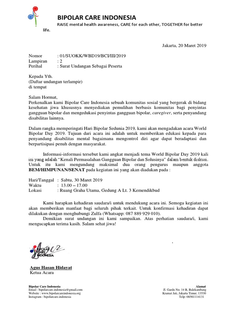 Surat Undangan World Bipolar Day 2019 Organisasi Kampus PDF | PDF