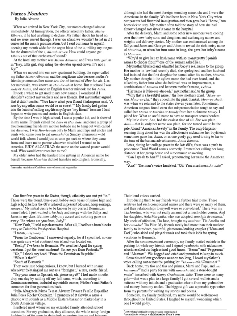 Names Nombres by Julia Alvarez | PDF | Poetry