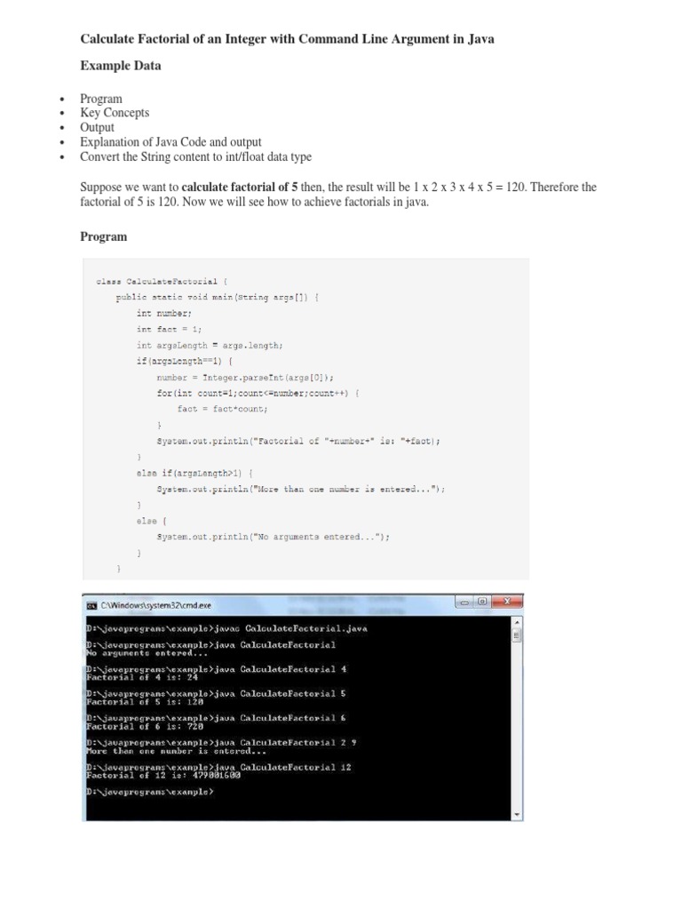 Example Data: Calculate Factorial of An Integer With Command Line Argument in Java | PDF