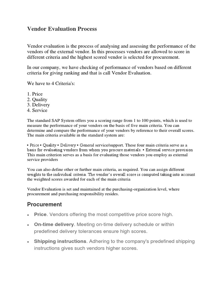 What Is Vendor Evaluation PDF Business Process Business