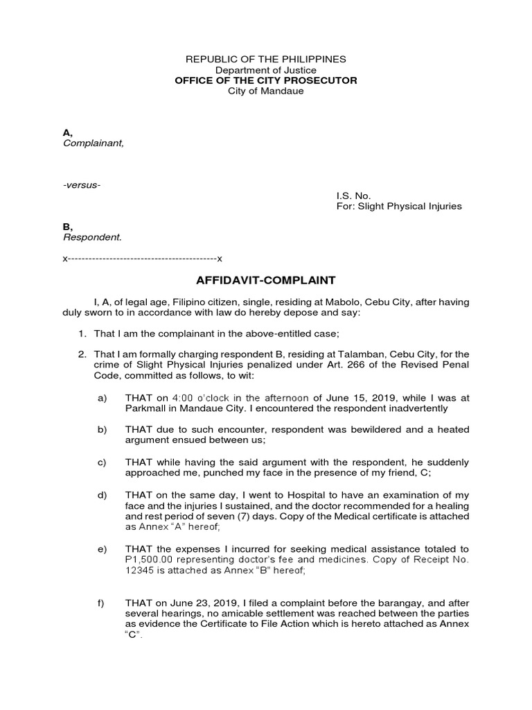 Affidavit for Slight Physical Injuries | PDF | Affidavit | Crime & Violence