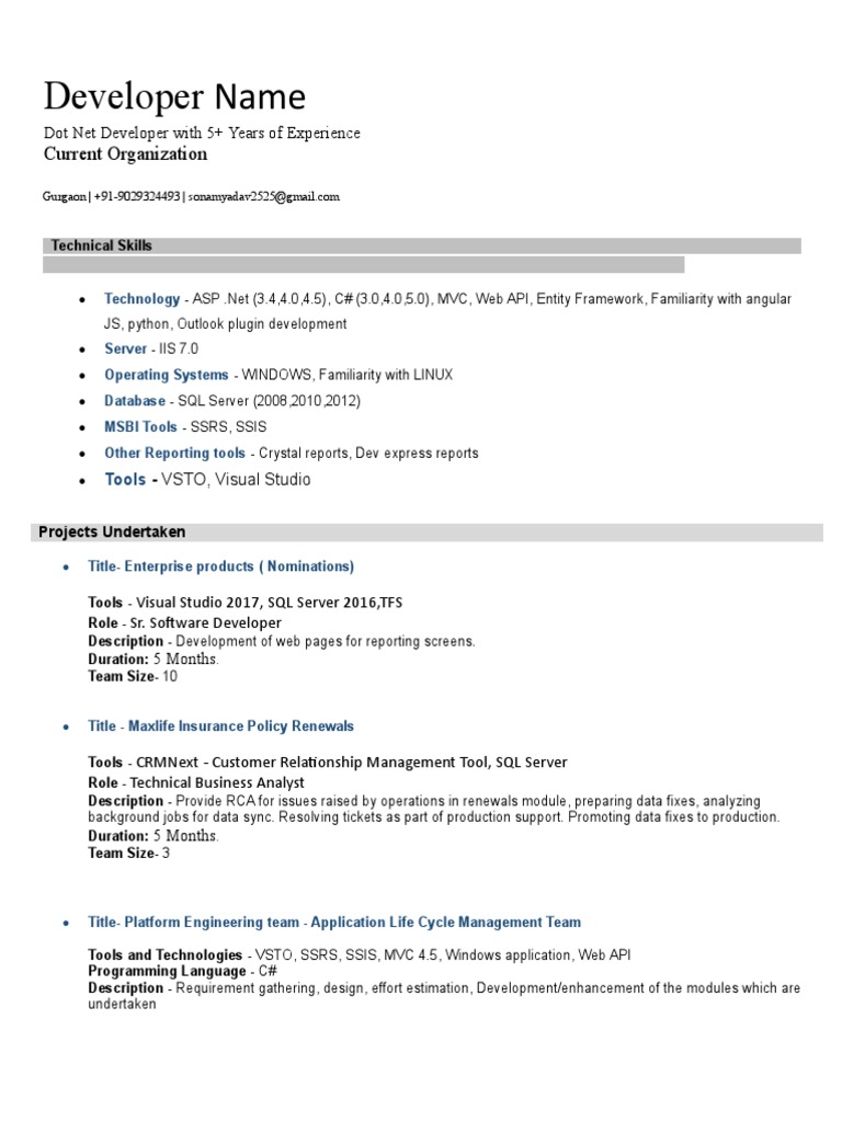 Sample Dot Net Developer Resume | PDF | Microsoft Visual Studio ...