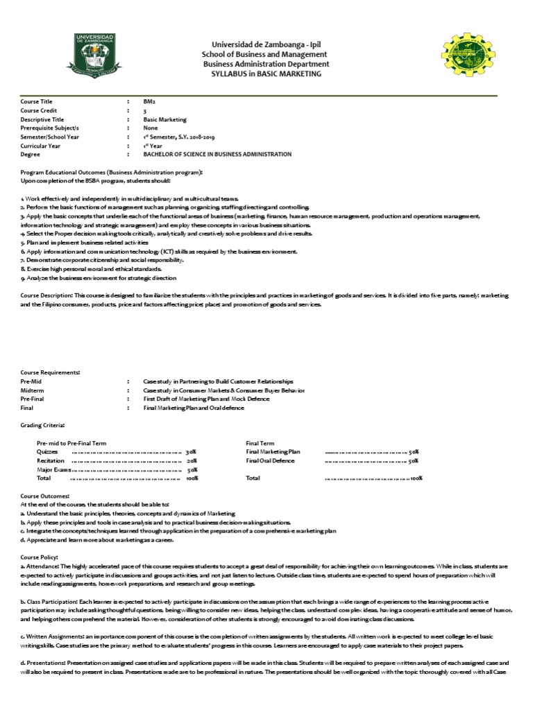 Basic Marketing Syllabus | PDF | Marketing Strategy | Strategic Management