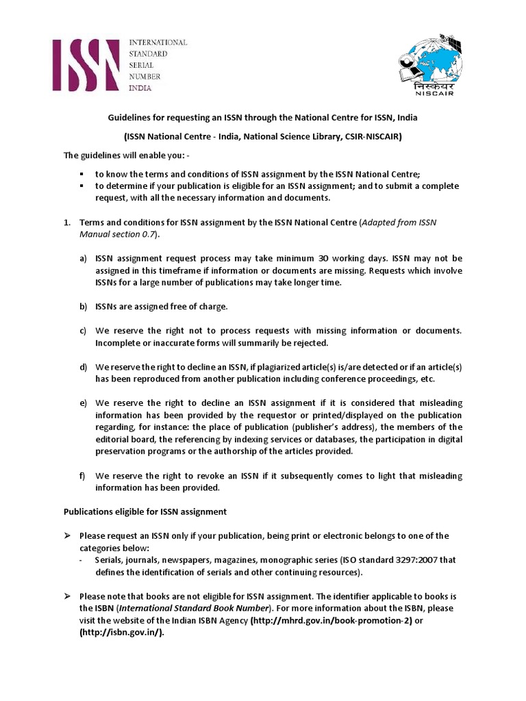 ISSN India Guidelines | PDF | International Standard Serial Number ...