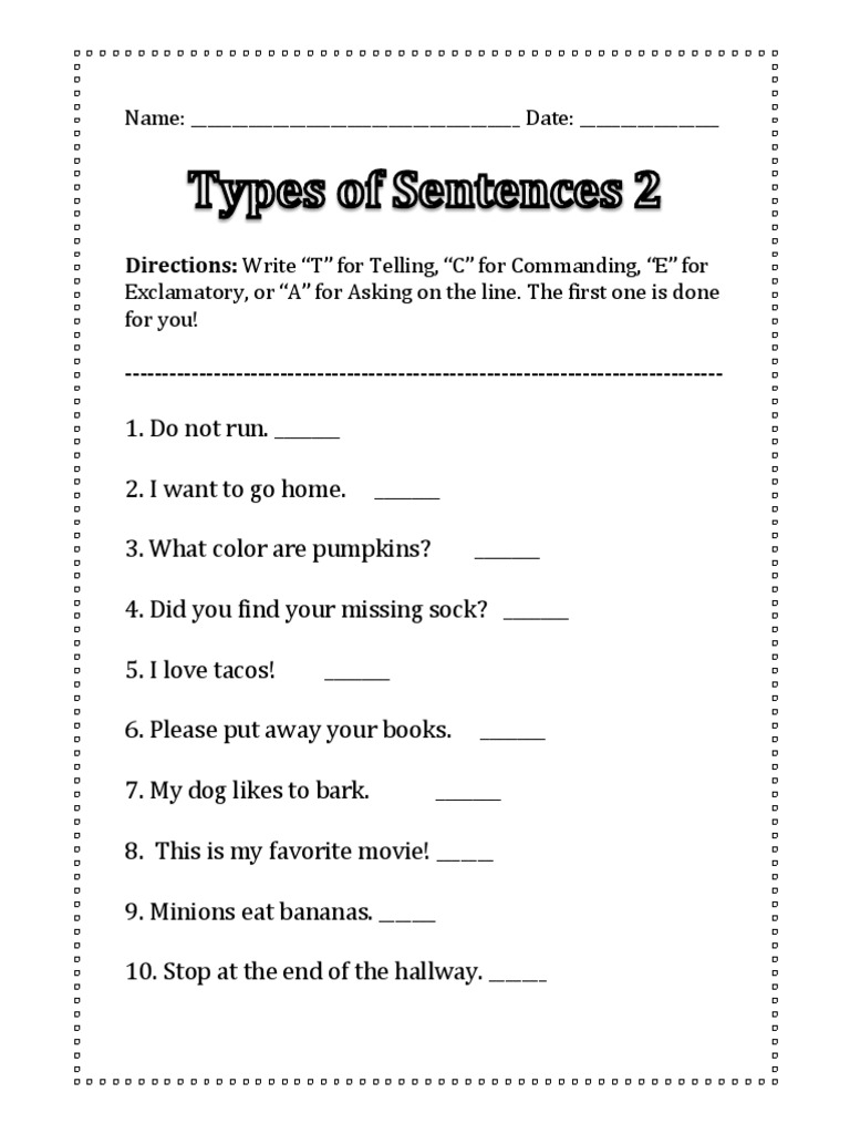 Types of Sentences Test 2 | PDF