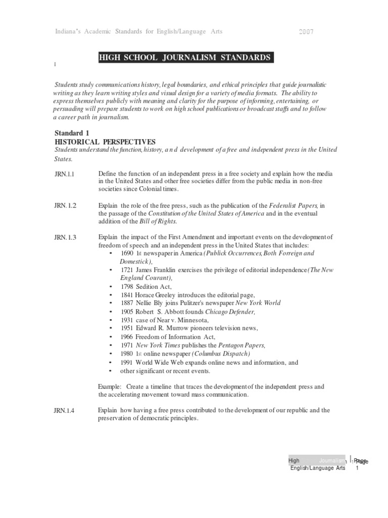 High School Journalism Standards: Standard 1 Historical Perspectives ...