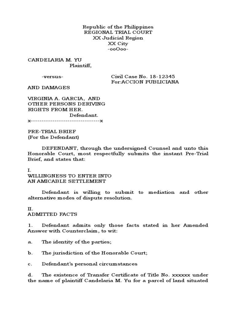 Defendant's Pre-Trial Brief Summary | PDF | Discovery (Law) | Lawsuit