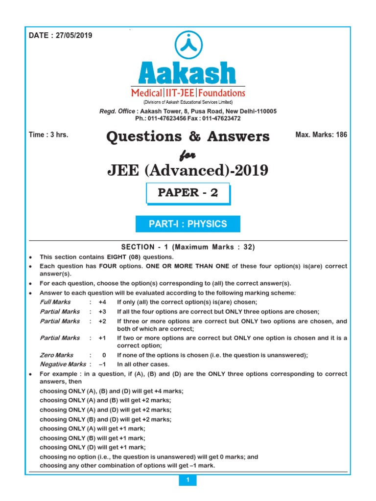 Questions & Answers JEE (Advanced) - 2019: For For For For For | PDF | Electronvolt | Gases