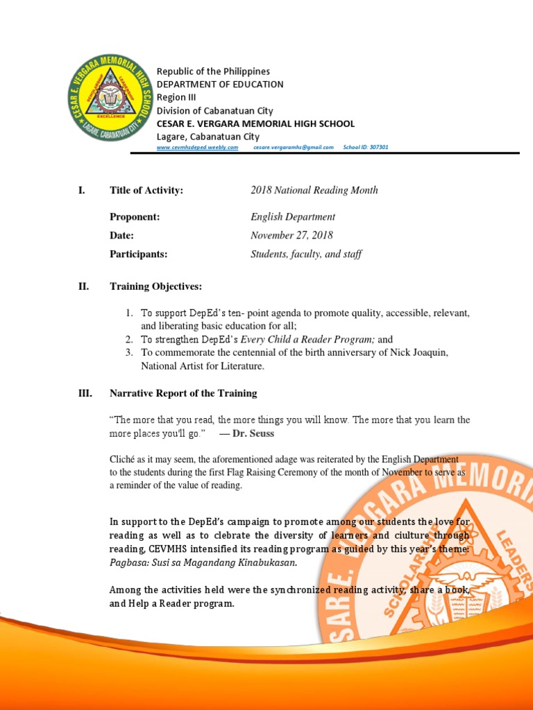 2018 National Reading Month Activities | PDF | Behavior Modification ...
