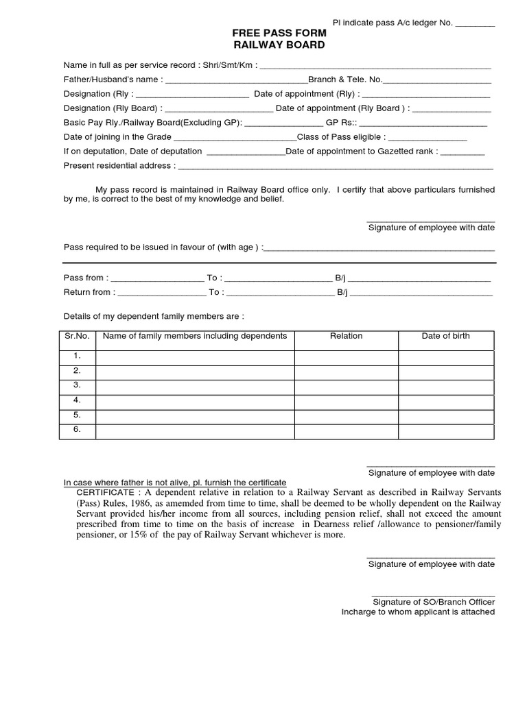 Free Pass Form Railway Board | Download Free PDF | Government | Economies