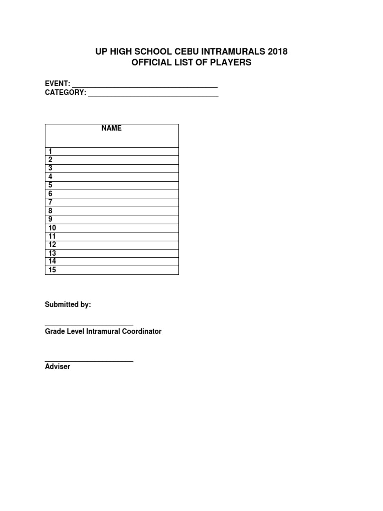 Intrams 2018 List of Players Form | PDF