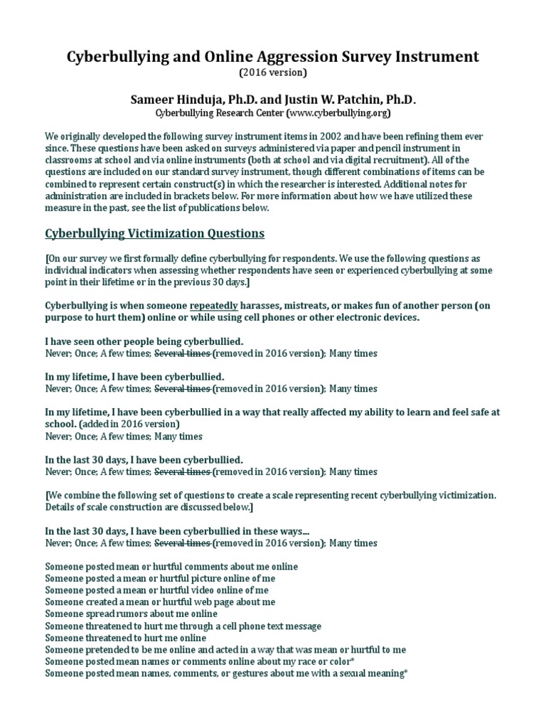 Cyberbullying Survey Instrument 2016 | PDF | Cyberbullying | Juvenile ...