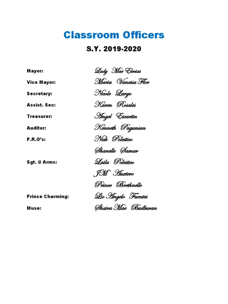 Classroom Officers 2019-2020 List | PDF
