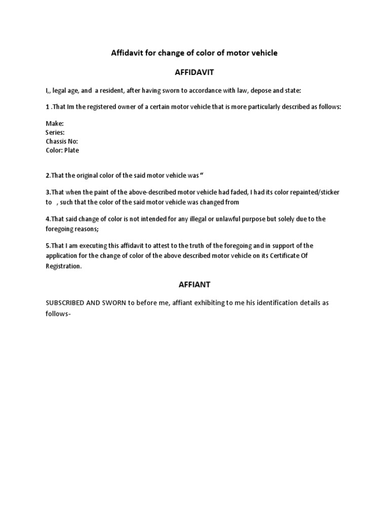 Affidavit For Change of Color of Motor Vehicle Affidavit | PDF ...
