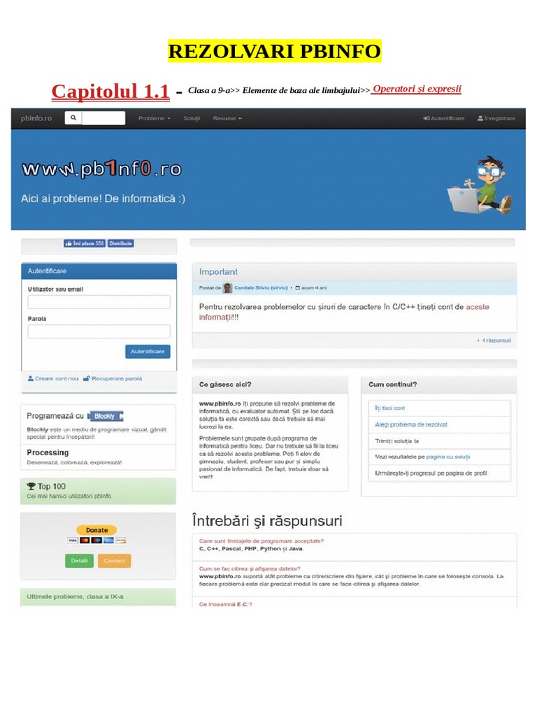 Probleme Rezolvate Pbinfo | PDF