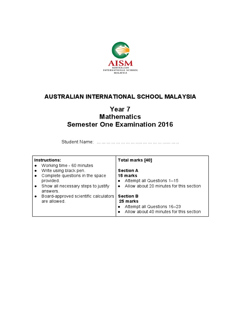 2016 Year 7 Maths Semester 1 Exam Paper | PDF | Fraction (Mathematics) | Teaching Mathematics