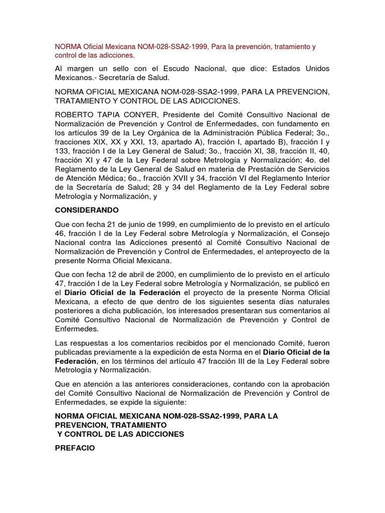 NORMA Oficial Mexicana NOM-028-SSA2-1999, Para la prevención ...