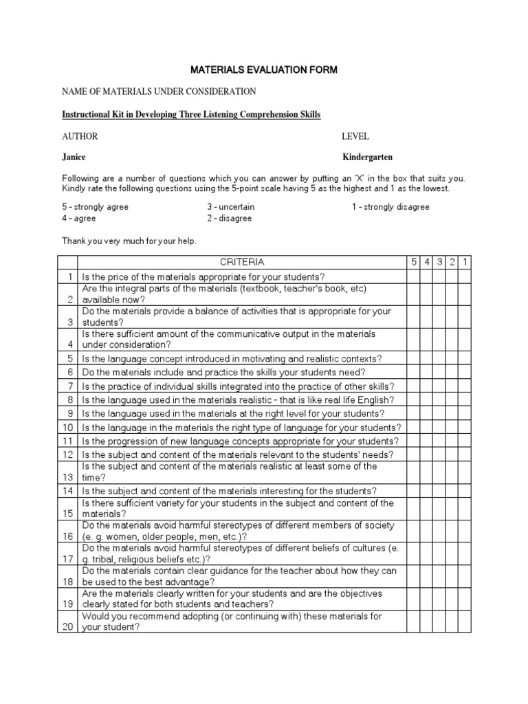 Materials Evaluation Form | PDF | Stereotypes | Communication