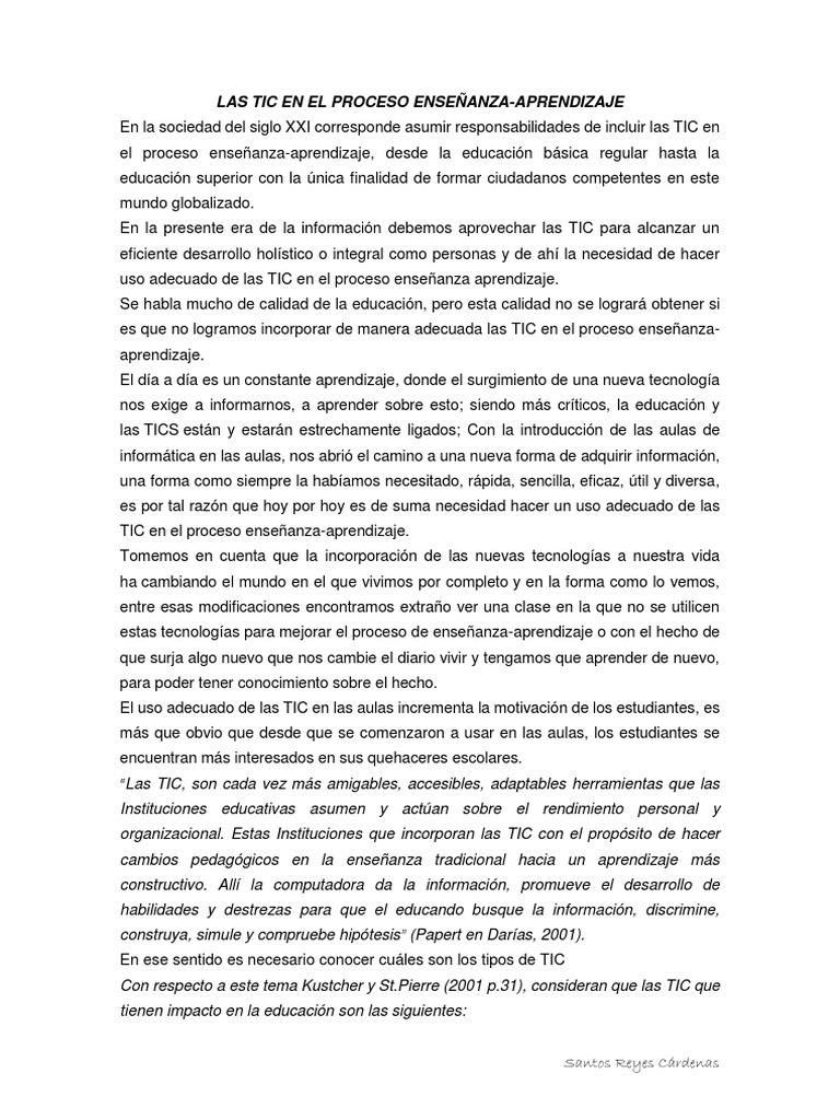 Las Tic En El Proceso Enseñanza Pdf Tecnología De Información Y