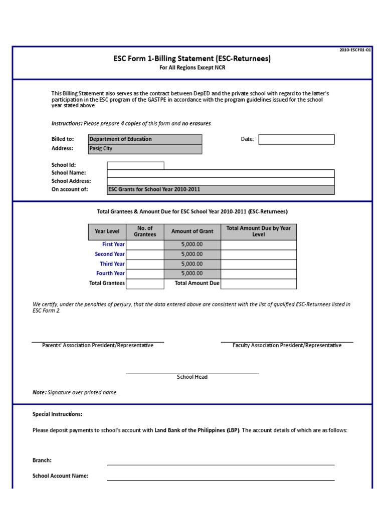ESC Form 1-Billing Statement (ESC-Returnees) : Instructions: Please ...