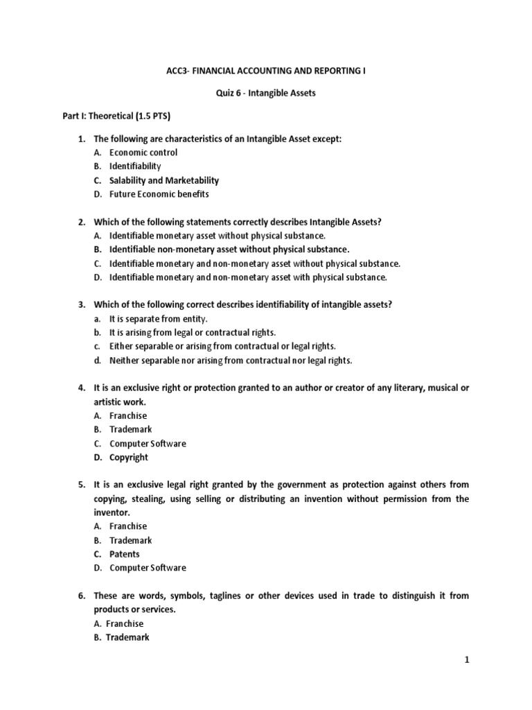 FinAcc 1 Quiz 6 | PDF | Intangible Asset | Goodwill (Accounting)
