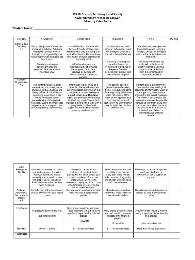 Advocacy Video Rubrics | Information | Creativity