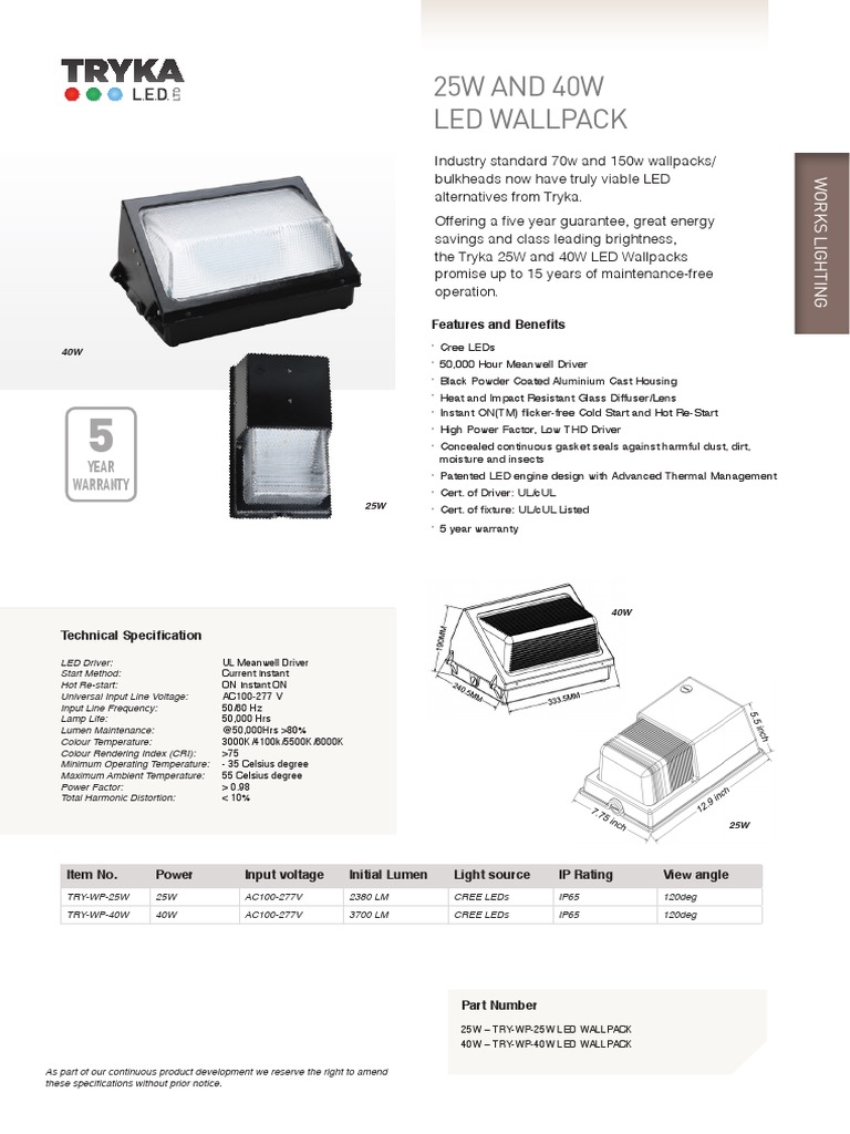 LED Wallpacks: 25W & 40W Tryka Options | PDF | Light Emitting Diode ...
