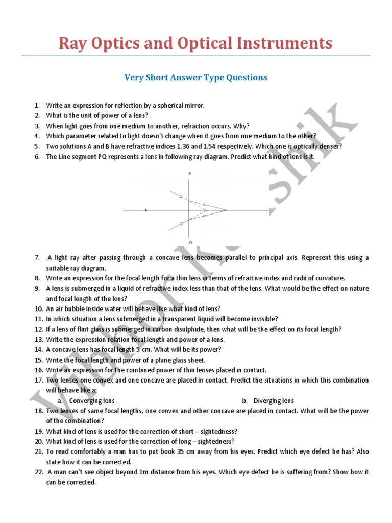 Ray Optics and Optical Instruments: Very Short Answer Type Questions ...