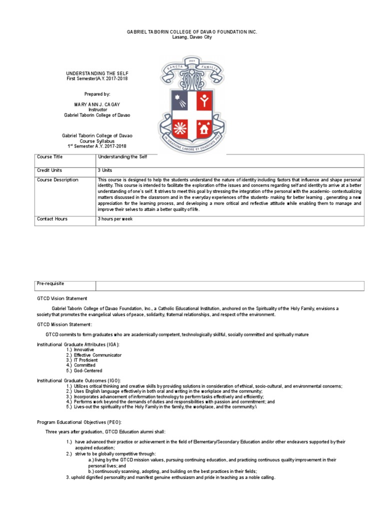 Understanding The Self Course Syllabus For BSED Major in English | PDF ...