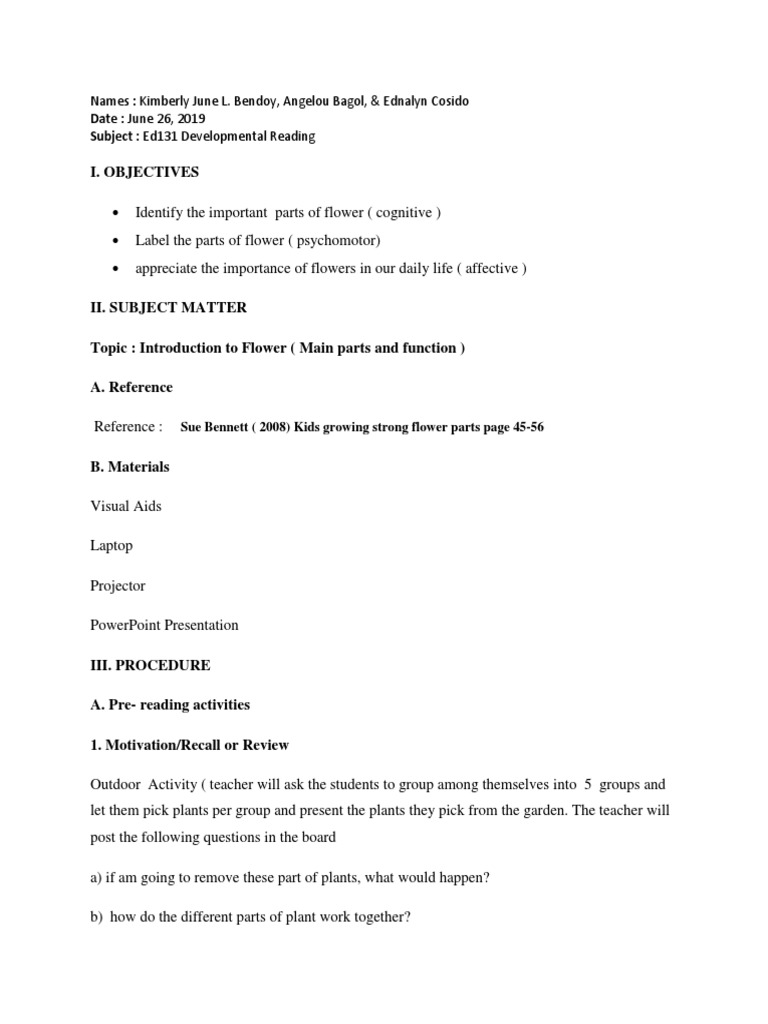 Semi-Detailed Lesson Plan About Major Parts of A Flower For Kids | PDF ...