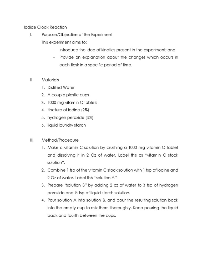 Iodine Clock Reaction with Vitamin C | PDF | Iodine | Solution