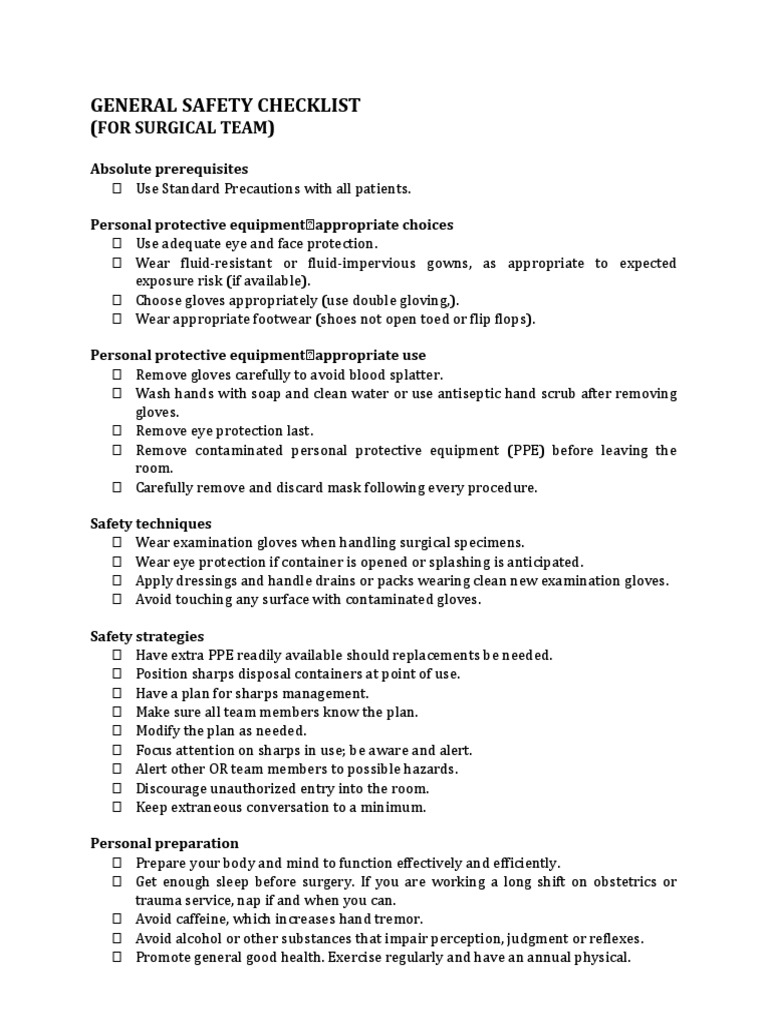 GENERAL SAFETY CHECKLIST Guidelines | PDF | Surgery | Surgical Suture