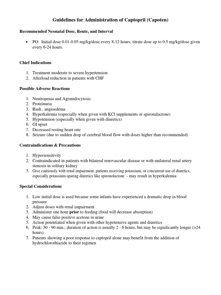 Guidelines For Administration of Captopril (Capoten) : Recommended ...
