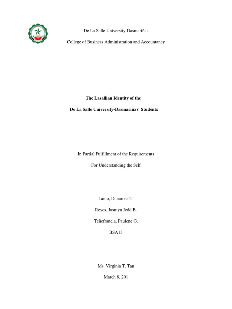 The Lasallian Identity of The de La Salle University-Dasmariñas ...