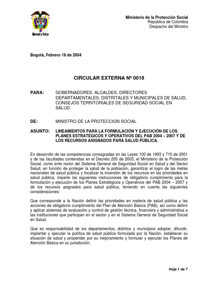 Circular Externa 018 2004 | PDF | Salud pública | Colombia