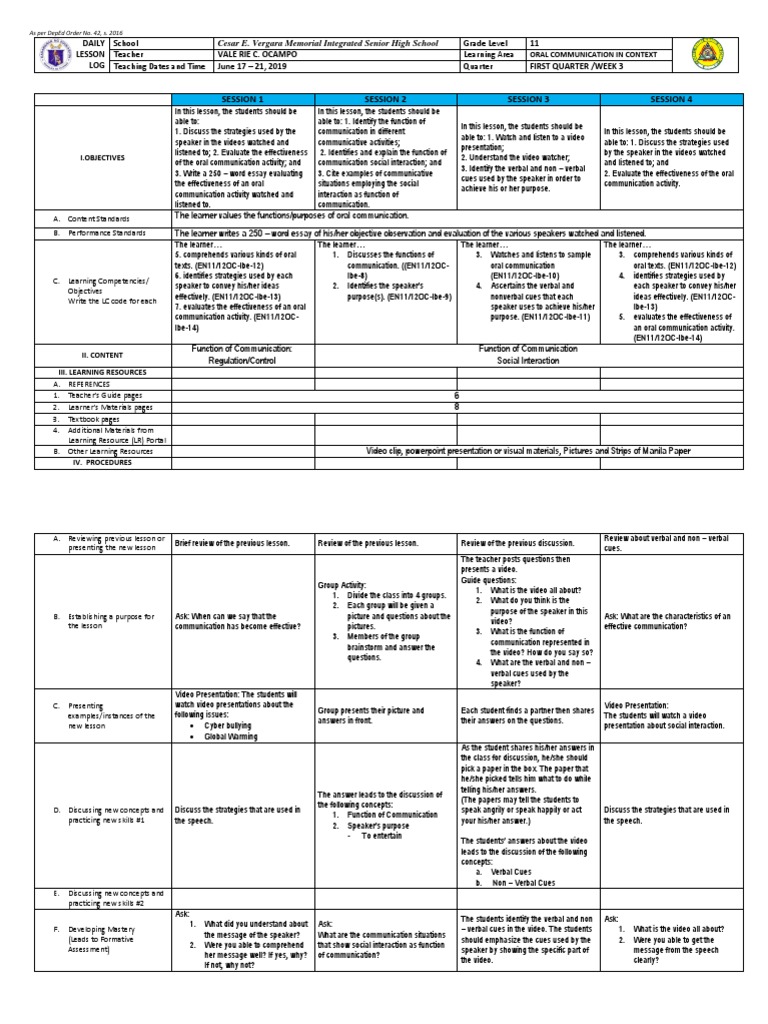 Session 1 Session 2 Session 3 Session 4: Daily Lesson LOG 11 Vale Rie C. Ocampo June 17 - 21 ...