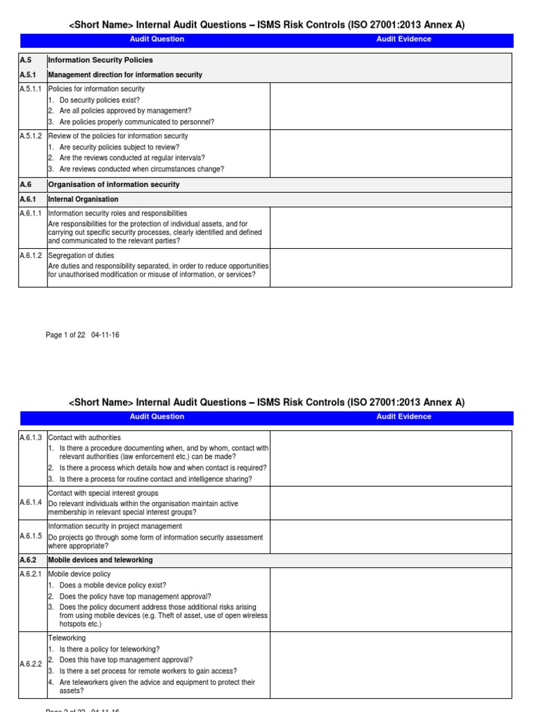 Internal Audit Checklist Questions - IsMS Controls | PDF | Information ...
