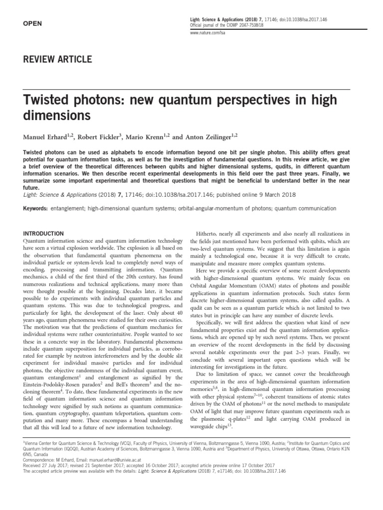 Twisted Photons: New Quantum Perspectives in High Dimensions | PDF ...