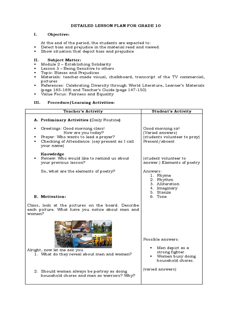 Detailed Lesson Plan | Prejudices | Bias
