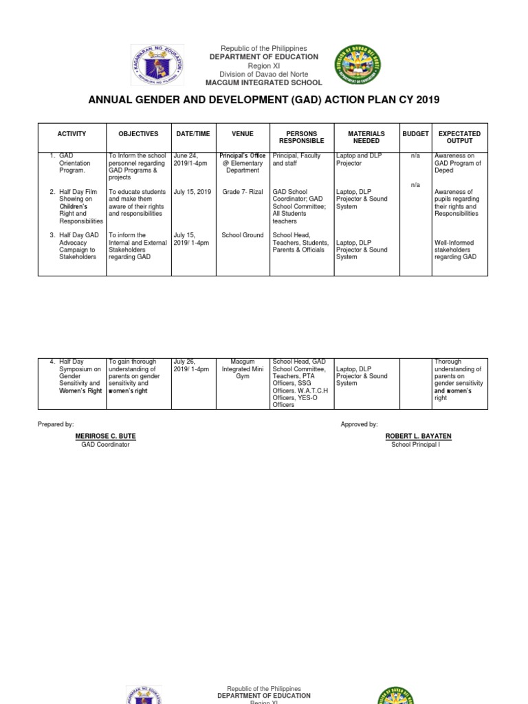 Gad Action Plan 2019-2020 | Gender And Development | Gender | Free 30 ...