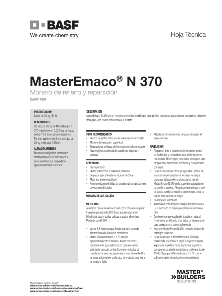 Basf-Masteremaco N 370 | PDF | Hormigón | Agua