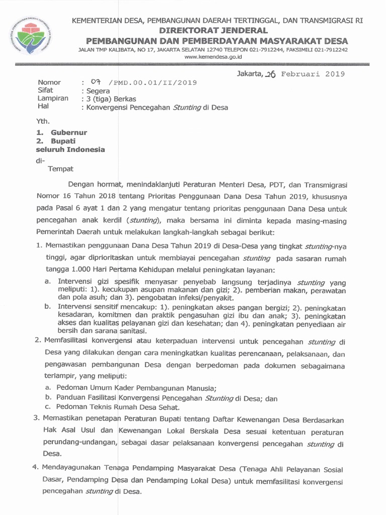 Surat Dirjen PPMD No. 07-PMD.00.01-II-2019, Hal Kovergensi Pencegahan Stunting Di Desa PDF | PDF