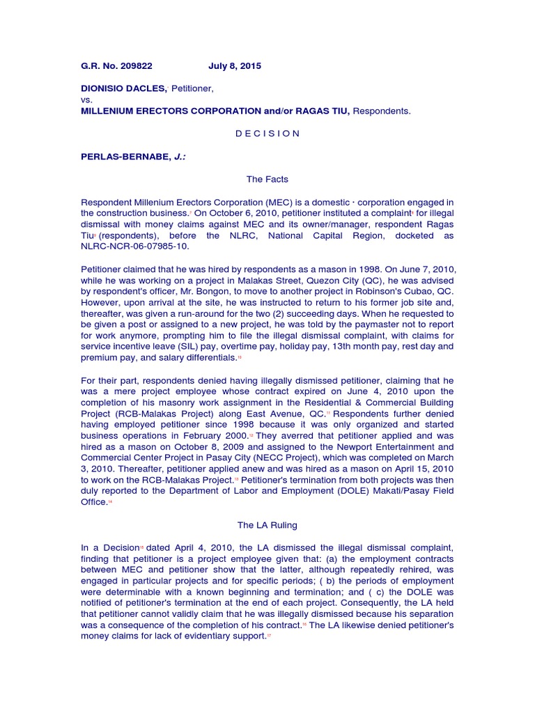 G.R. No. 209822 July 8, 2015 Dionisio Dacles, Millenium Erectors ...