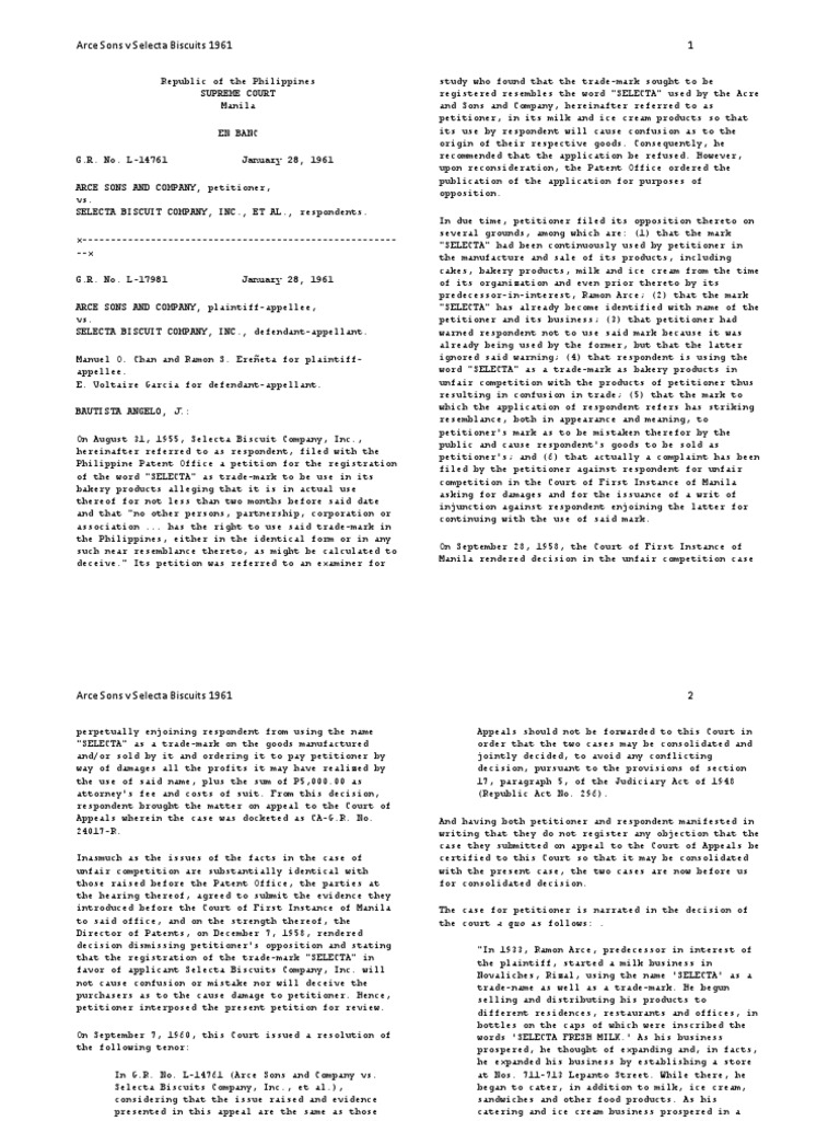 Arce Sons V Selecta Biscuits 1961 | Download Free PDF | Trademark | Bakery