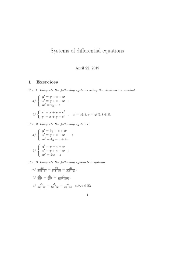 Systems of Differential Equations: 1 Exercices | PDF | Eigenvalues And Eigenvectors | Equations