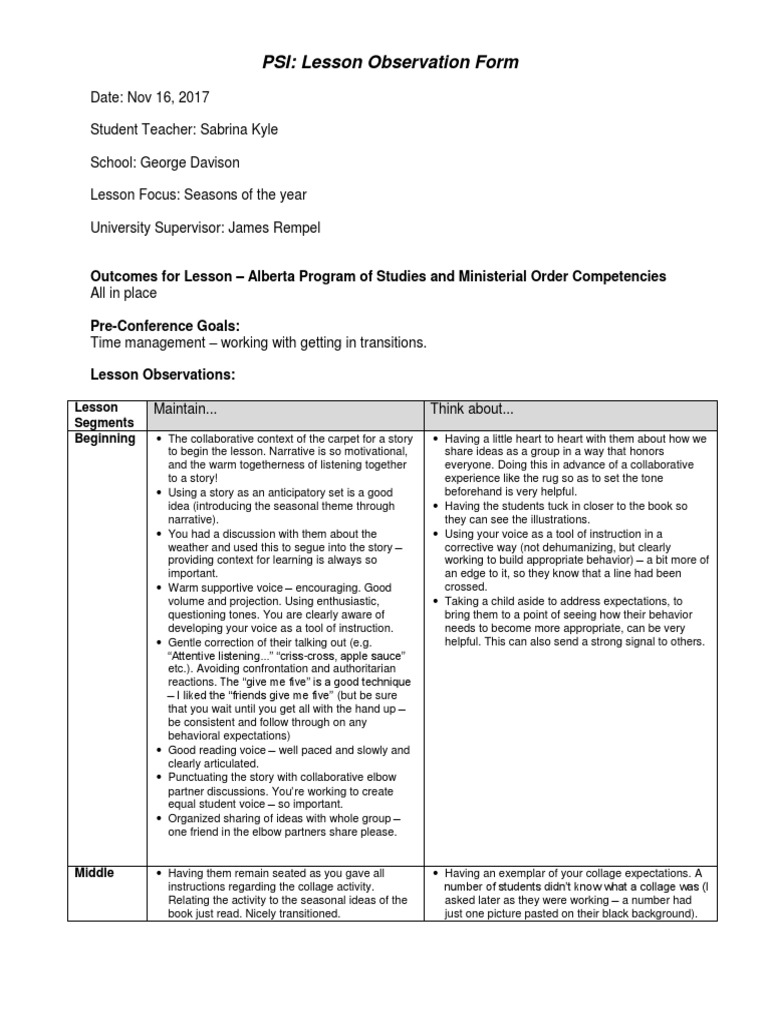 PSI: Lesson Observation Form | PDF | Narrative | Action (Philosophy)
