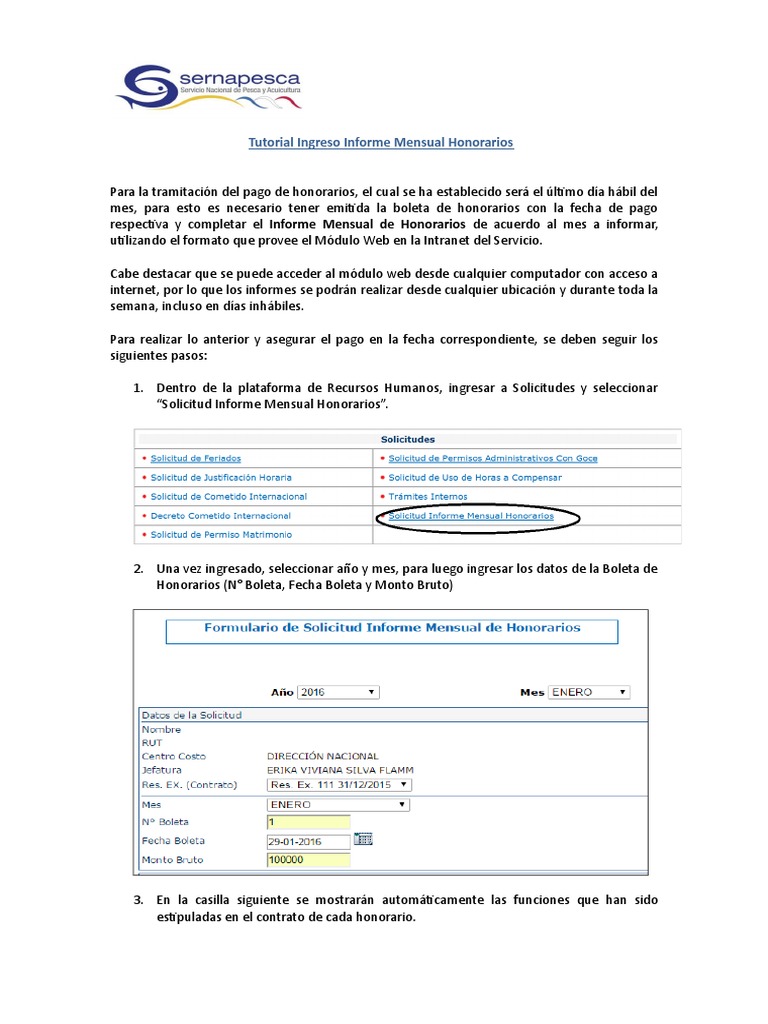 Tutorial Ingreso Informe Mensual Pago Honorarios | PDF