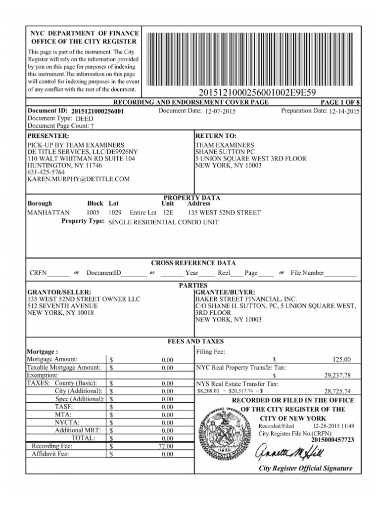 Deed for Manhattan apartment purchased by Baker Street Financial