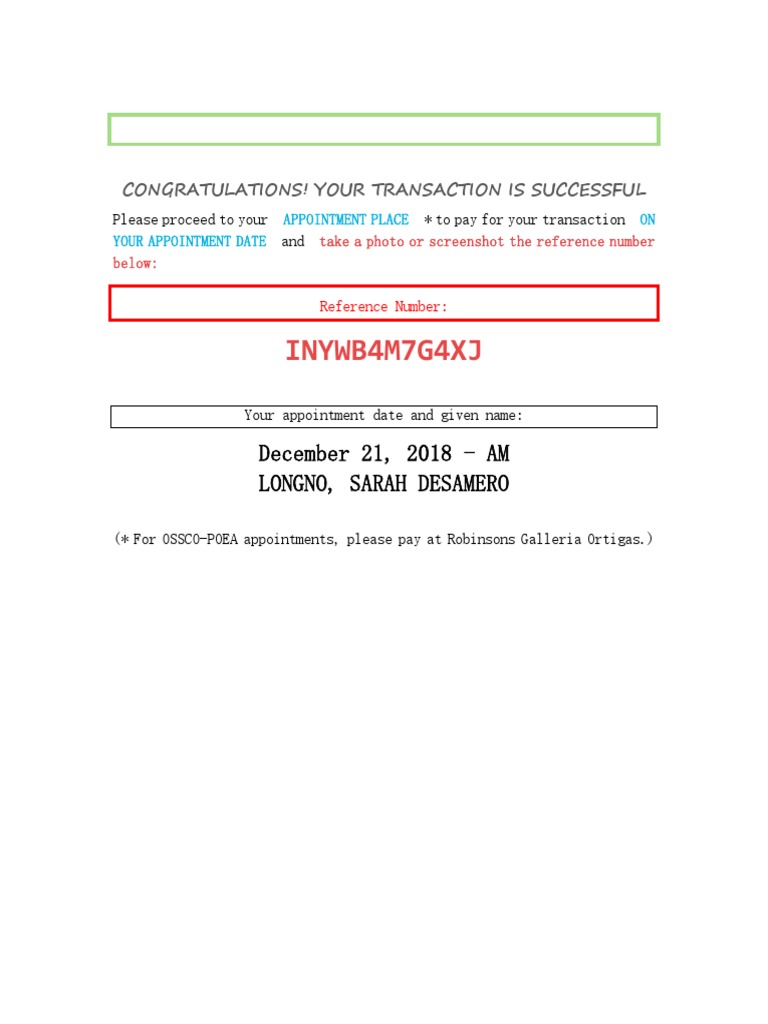 Confirmation Notice for Successful Transaction with Appointment Details ...